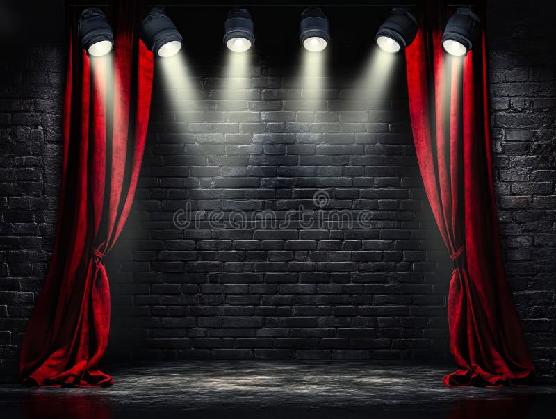 A Stage with Red Curtains and Spotlights on a Brick Wall Stock Image ...