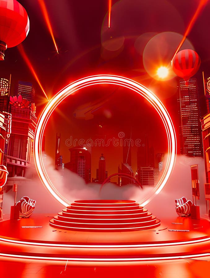 A Stage with Red Lights and a City in the Background Stock Image ...