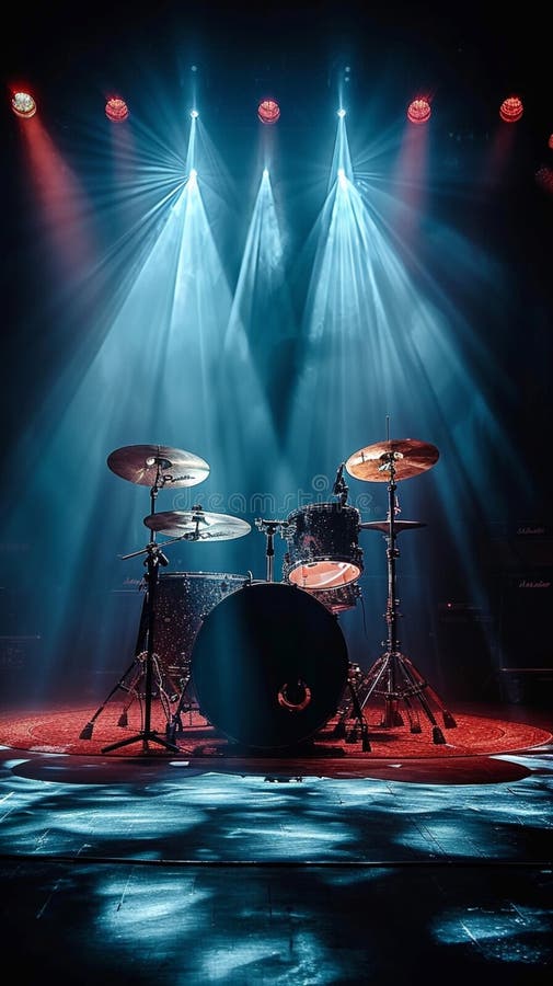 Stage Rhythm Drum Set Illuminated in the Spotlights Rays for Live Music ...
