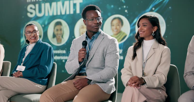 Stage, Summit and Speaker with Smile, Man and Explaining of Research of ...