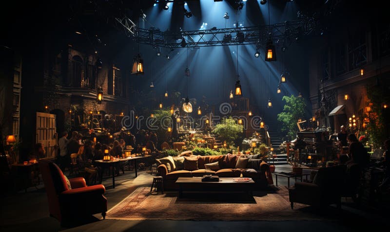 Stage Set with Couches, Chairs and Lights Stock Image - Image of ...