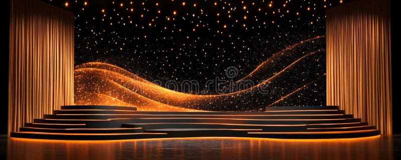 The Stage is Set with Dramatic Flair, Complete with Golden Curtains and ...