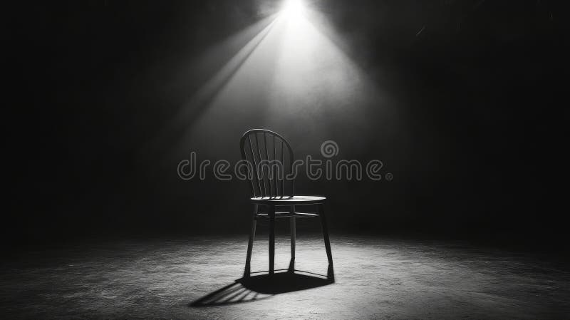The Stage is Set with a Dramatic Mood, an Empty Chair, and a Dark Room ...
