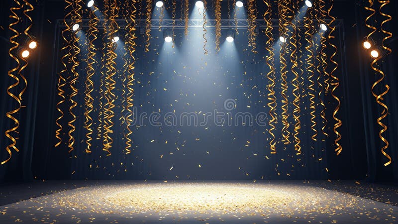 A Stage Set with Gold Streamers and Confetti Falling Stock Illustration ...