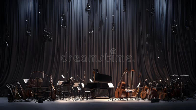 A Stage Set for an Orchestral Performance with Instruments and Sheet ...