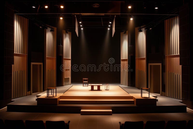 A Stage Set with a Table and Chairs, and a Backdrop of a Theater. Stage ...