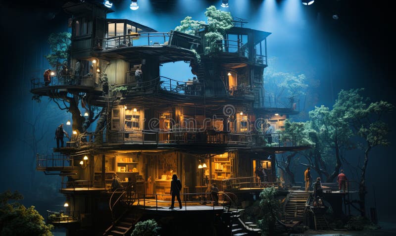 Stage Set with a Tree House Stock Photo - Image of whimsical, play ...