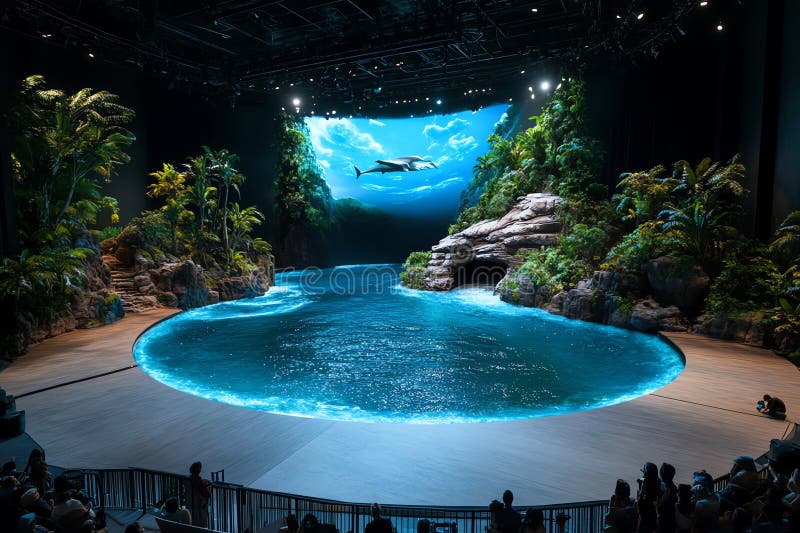 A Stage Set with a Tropical Island Theme, Featuring a Blue Water Pool ...