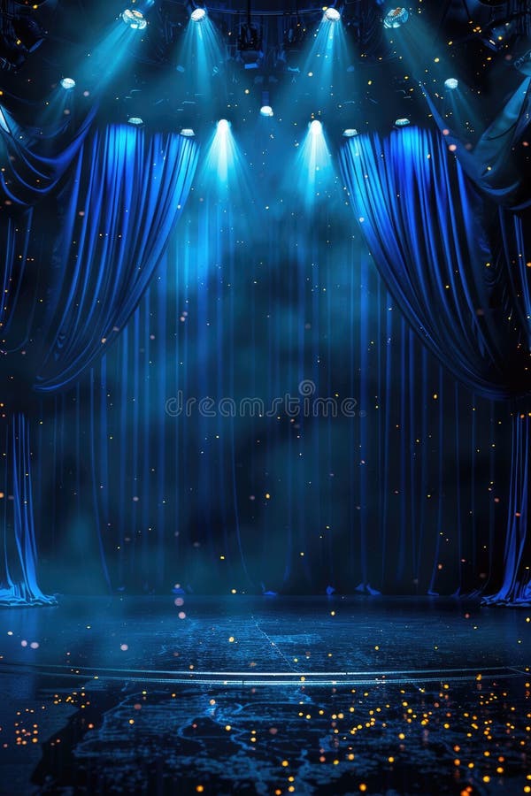 A Stage Set Up with Blue Drapes and Bright Lights. Ideal for Event or ...
