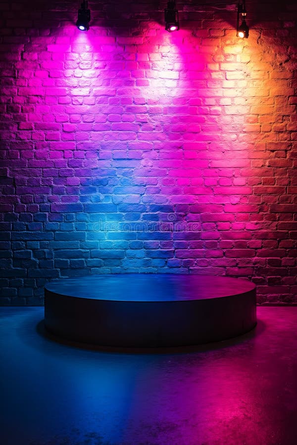 A Stage Set Up in Front of a Brick Wall with Colorful Lights Stock ...