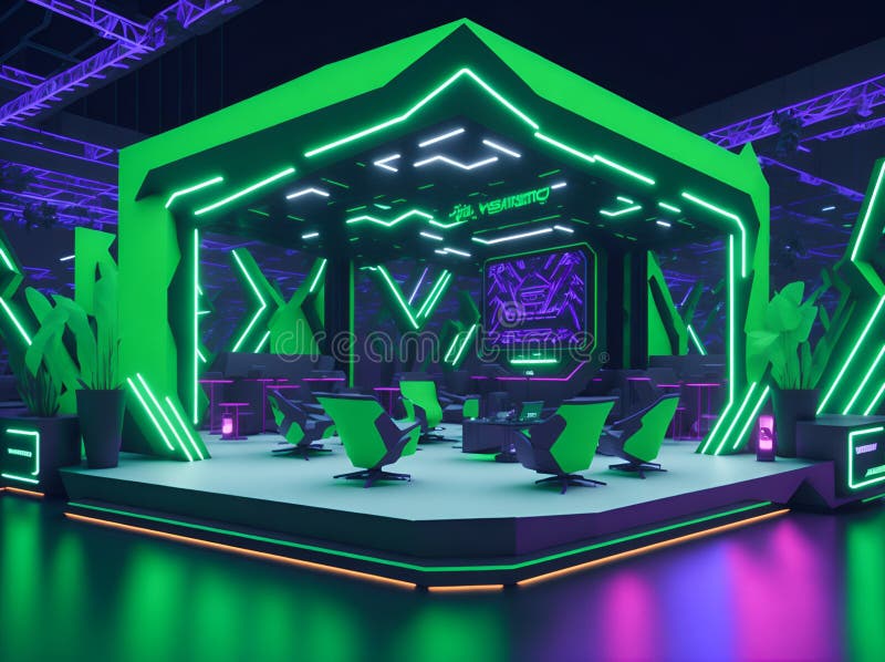 A Stage Set Up with Neon Lights and Chairs Stock Illustration ...