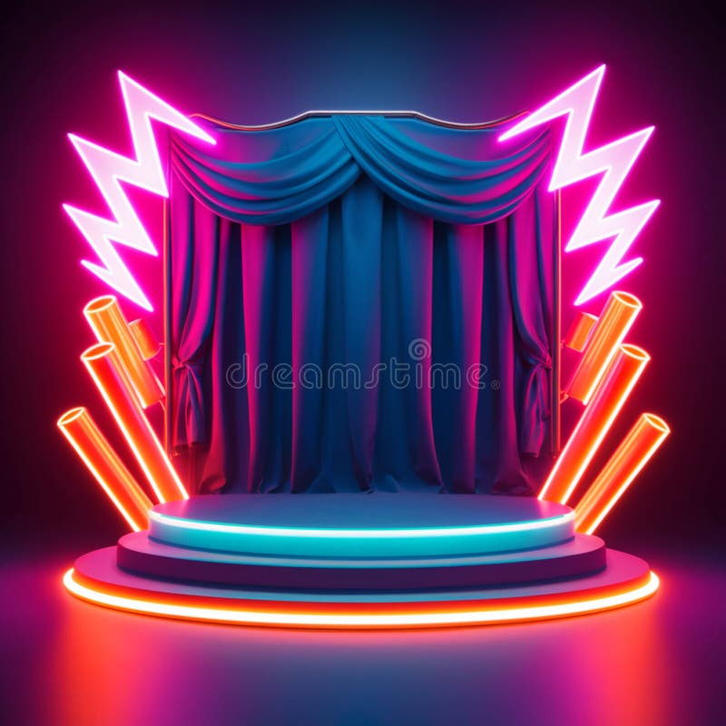 Stage Setting Dark Stage with Draped Curtain, Neon Elements, Pink ...