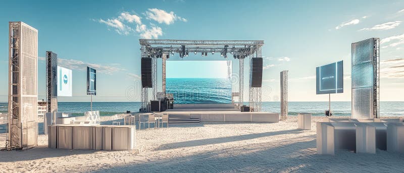 A Stage Setup on the Beach with Screens Displaying Ocean Waves Stock ...