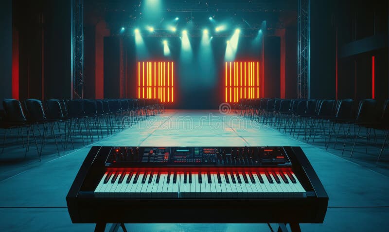 Stage Setup Featuring Synthesizer in Empty Venue with Dramatic Lighting ...