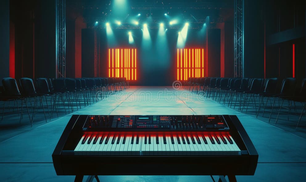Stage Setup Featuring Synthesizer in Empty Venue with Dramatic Lighting ...