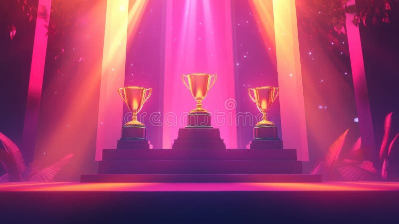 Stage Setup Featuring Two Trophies Illuminated by Bright Lights for an ...