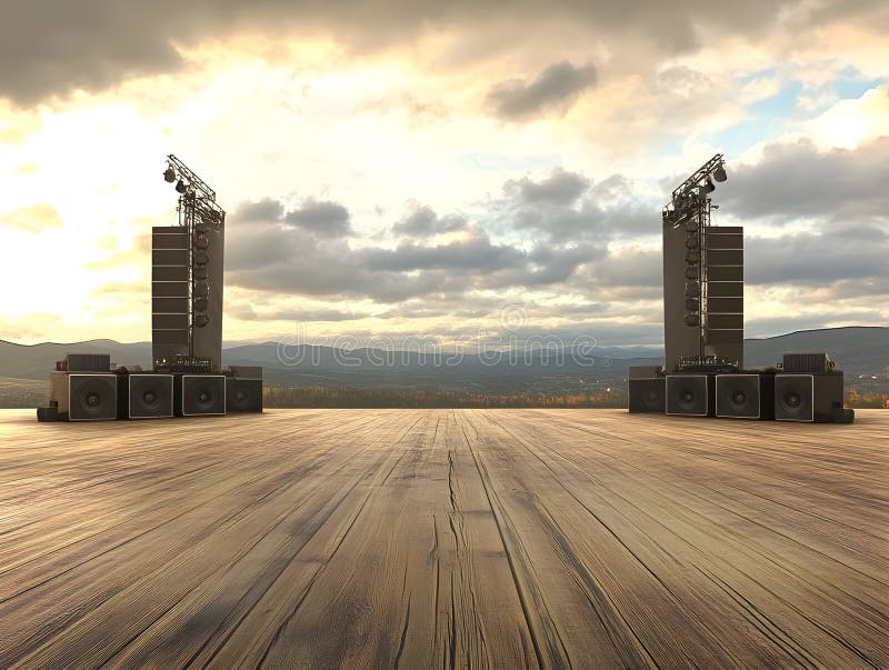 A Stage Setup with Large Speakers Against a Scenic Backdrop at Sunset ...