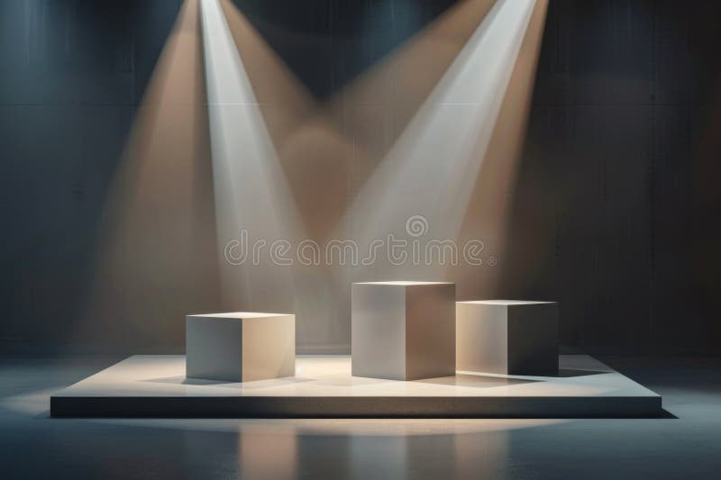 Stage Setup with Three Cubes and Three Spotlights. Suitable for Event ...