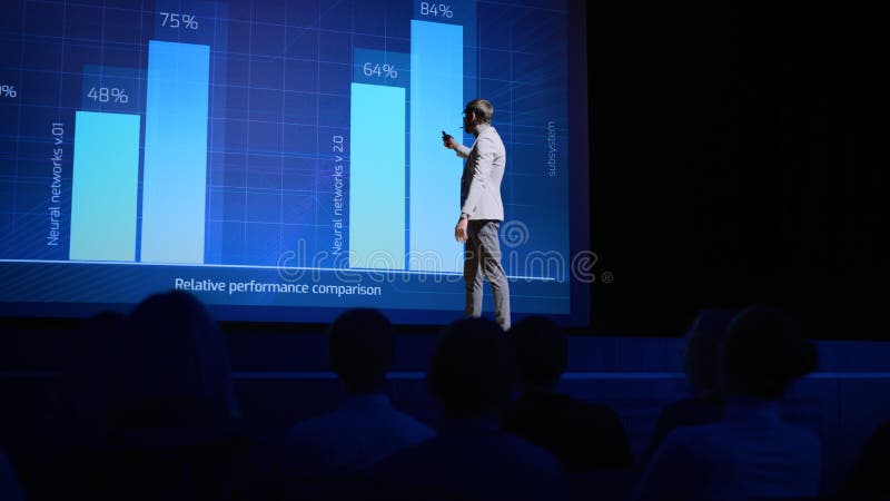 On-Stage: Speaker Does Presentation of the New Electronic Product ...