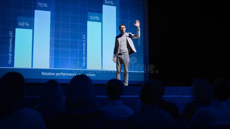 On-Stage Speaker Greets Audience, Presents Technology Product, Uses ...