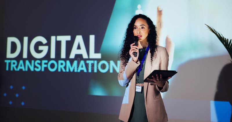 Stage, Speaker and Woman at Seminar with Microphone, Tablet and ...
