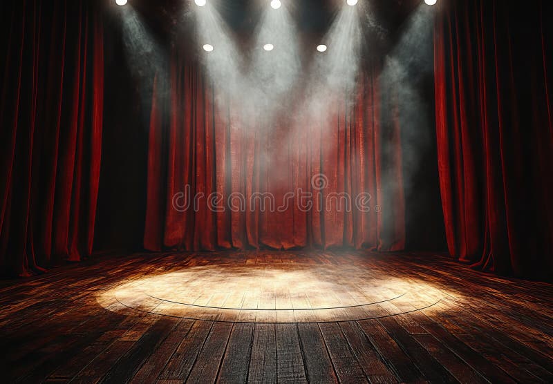 A Stage Spotlight Shines on Red Curtains during a Theater Performance ...