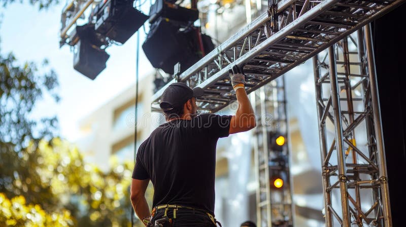 Stage Technician Working on Metal Structure Under Blue Sky with Sun ...