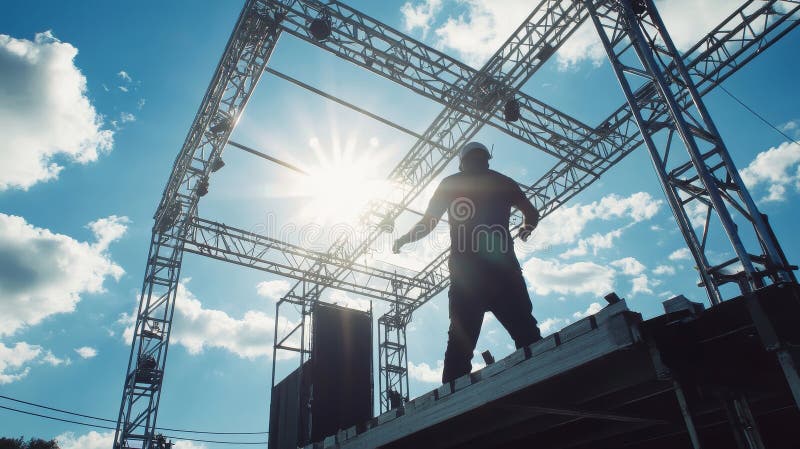 Stage Technician Working on Metal Structure Under Blue Sky with Sun ...