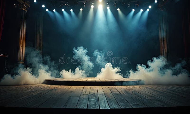 A Stage with a Wooden Floor and a Microphone in Front of a Smoke Screen ...