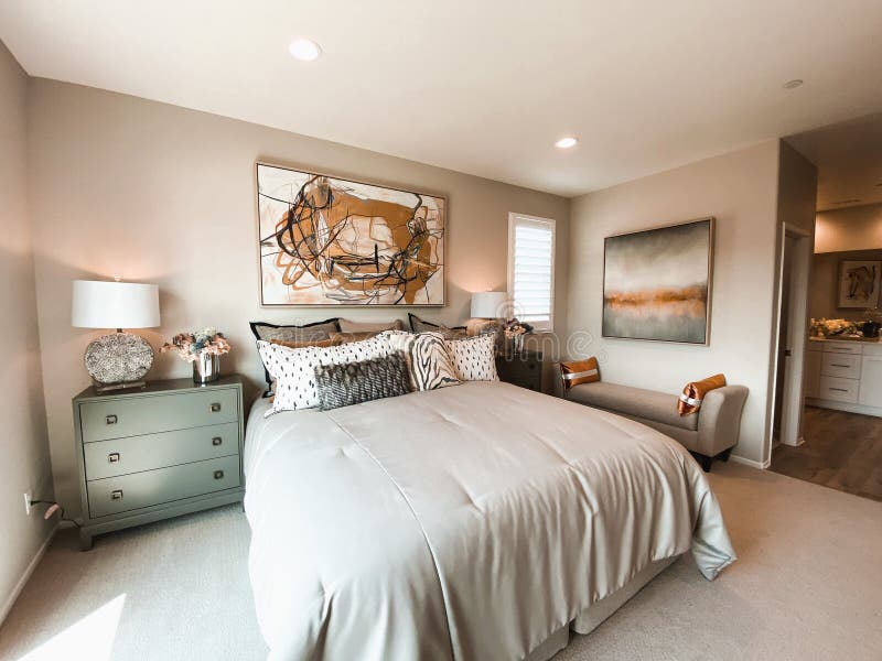 Staged Master Bedroom stock image. Image of room, design - 288325191