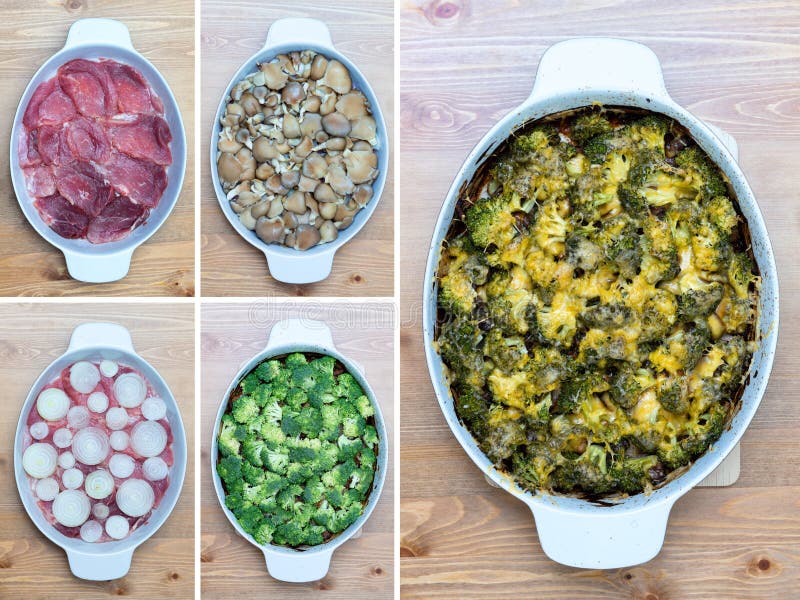 Stages of Cooking Meat with Vegetables on a Baking Sheet in the Oven ...