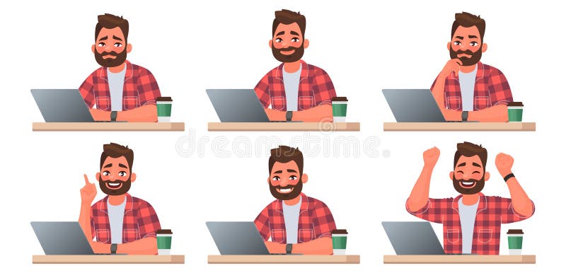 Stages of Doing Work on a Laptop. a Bearded Man Works at a Computer ...