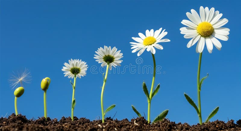 Stages of Growth and Flowering of a Daisy, Blue Sky Background, Life ...