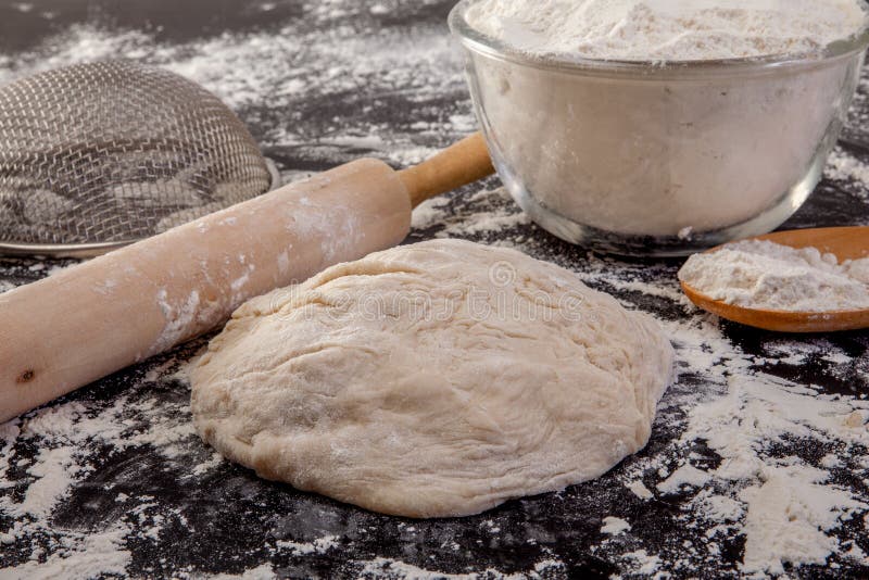 Stages of Making Bread-Flour, Dough and Loaf of Bread Stock Photo ...