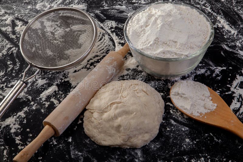 Stages of Making Bread-Flour, Dough and Loaf of Bread Stock Image ...