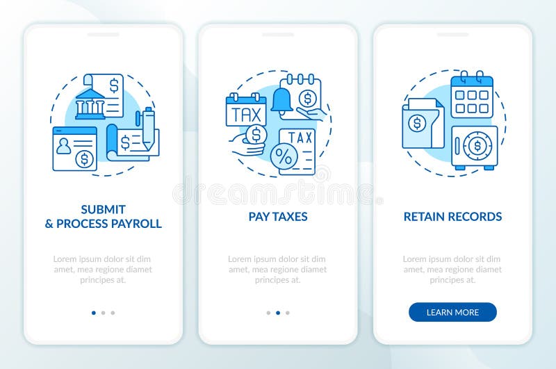Stages of Payroll Processing Blue Onboarding Mobile App Screen Stock ...