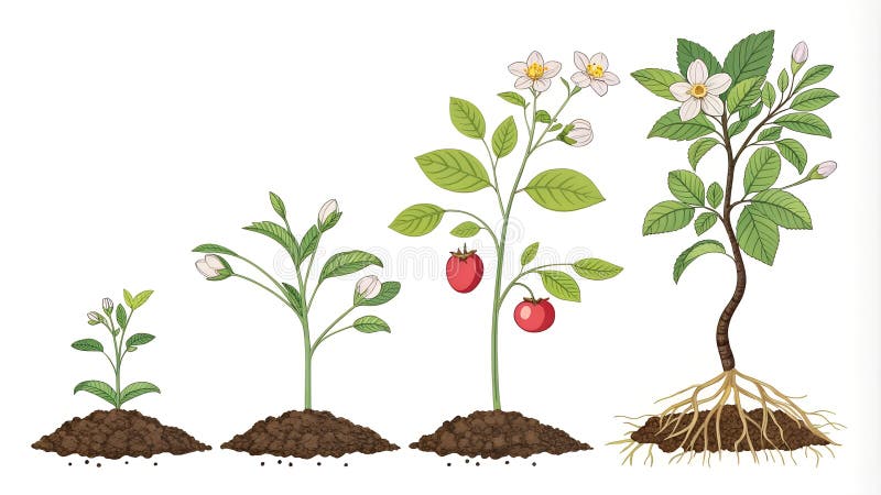 Stages of Plant Growth from Seedling To Mature Plant with Fruit ...
