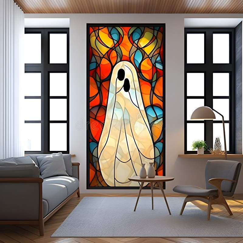Stained Glass Art with Halloween Ghost Designs and a Sofa with Lamp are ...