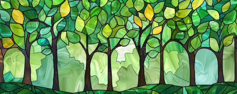 Stained Glass Artwork Featuring Trees Stock Photo - Image of leaf ...