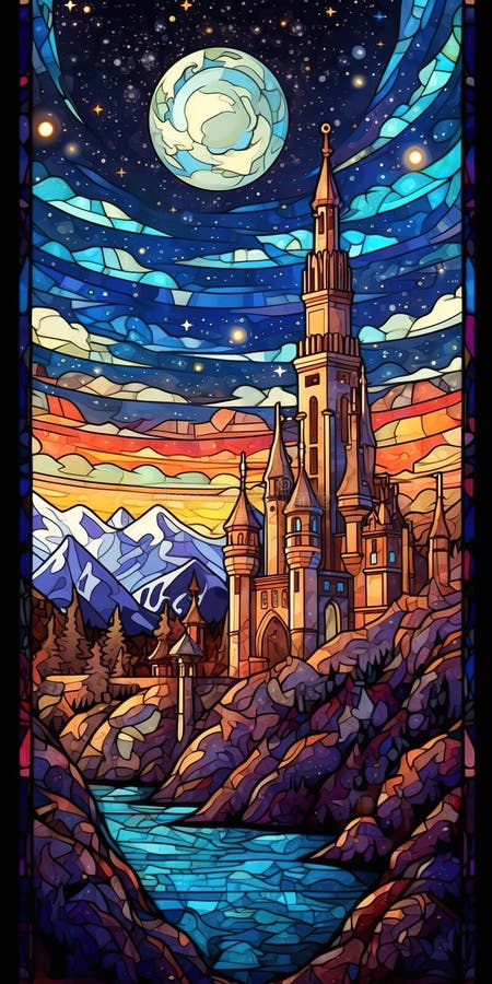 A Stained Glass of Castle with Starry Night Stock Illustration ...