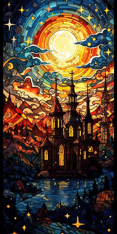 A Stained Glass of Castle with Starry Night Stock Illustration ...
