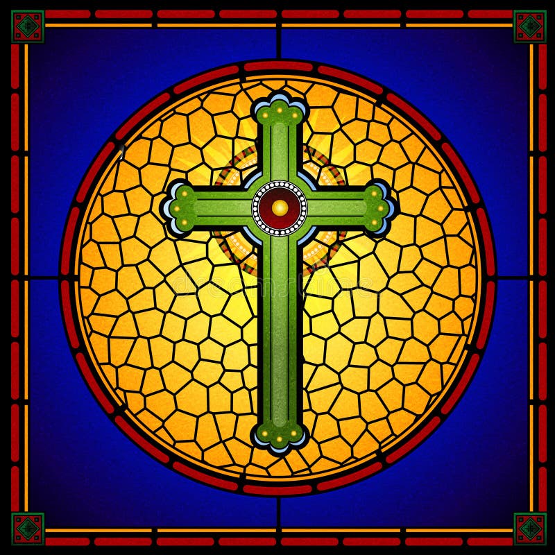 Stained Glass Christian Cross Square Panel Stock Illustration ...