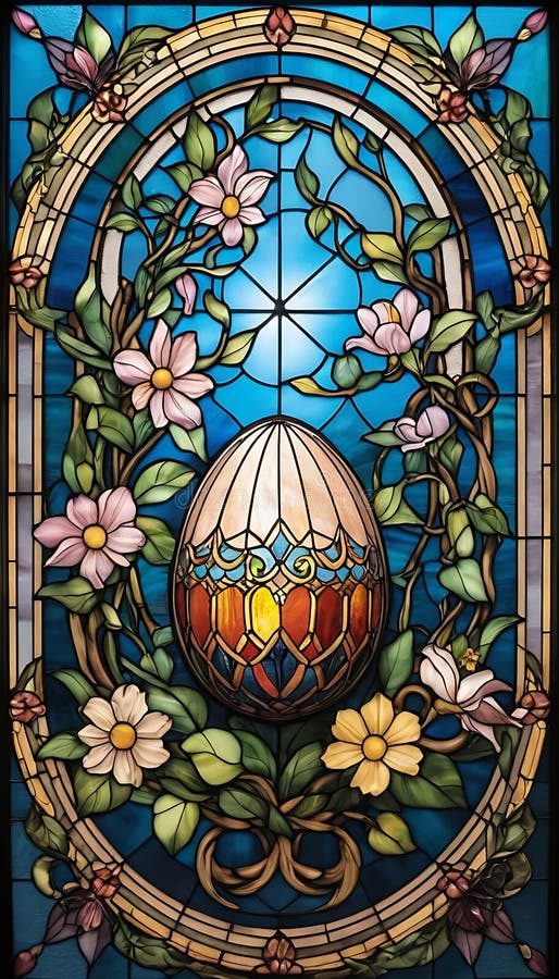 Stained Glass Easter Egg Window with Flowers and Decorative Frame Stock ...