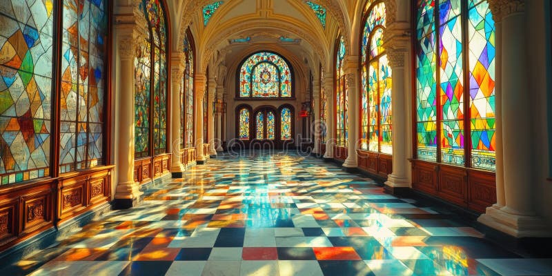 Stained Glass Hallway with Checkered Floor Stock Image - Image of ...