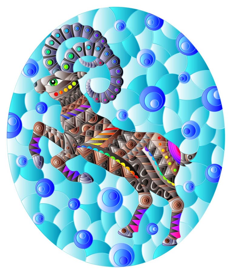 A Stained Glass Illustration with Abstract Bright Ram, Animal on a Blue ...