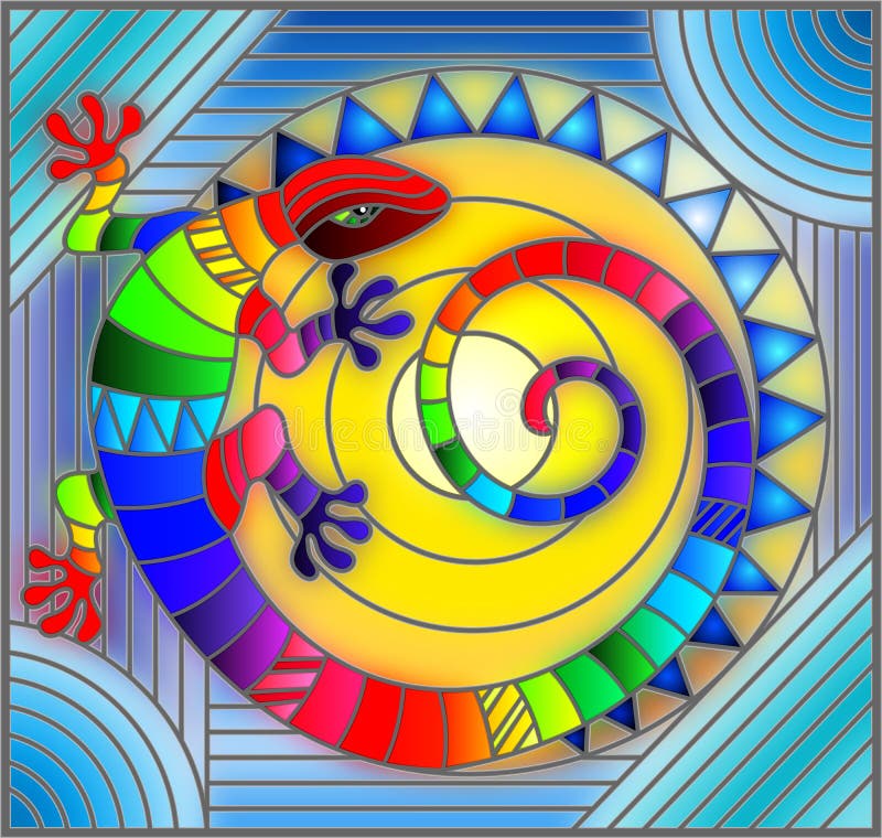 Stained Glass Illustration with Abstract Rainbow Lizard on Blue ...
