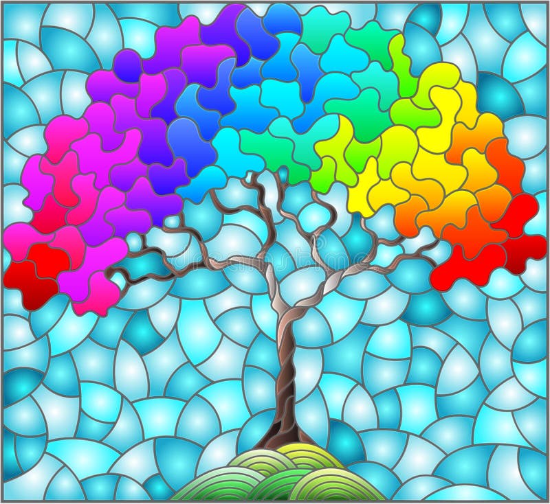 Stained Glass Illustration with an Abstract Rainbow Tree on a ...