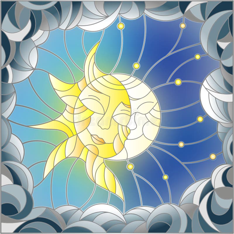 Stained Glass Illustration , Abstract Sun and Moon in the Sky Stock ...