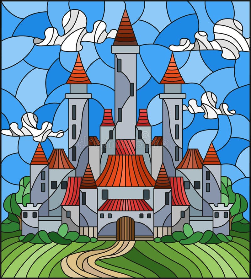 Stained Glass Illustration with the Ancient Castle on the Background of ...