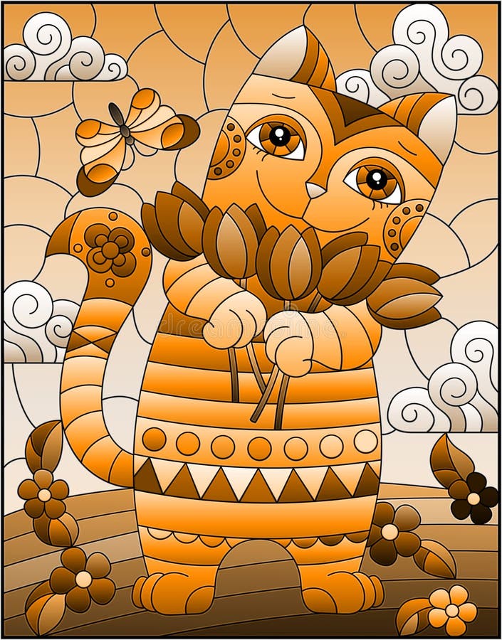 A Stained Glass Illustration with a Cartoon Cat Against a Sky with ...